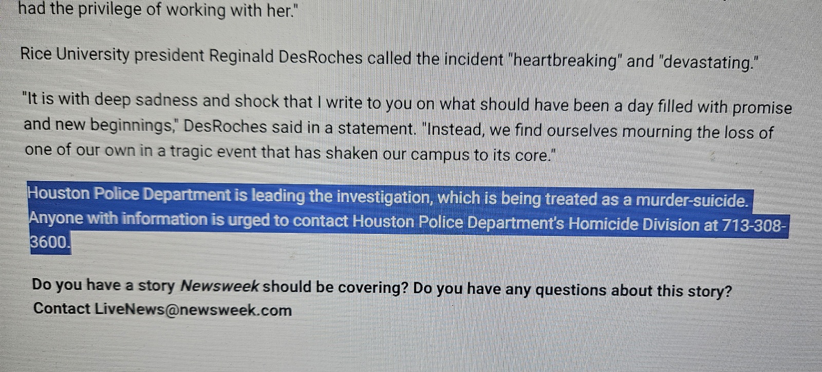 Houston Police Baffled By Murder/Suicide At Rice University. Asks ...